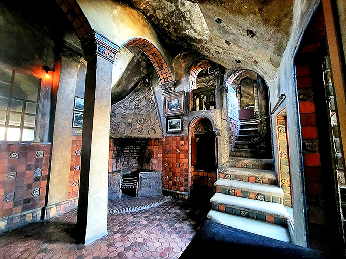 These tile-adorned stairs seem to lead somewhere between Hogwarts and an eccentric professor's dream study.