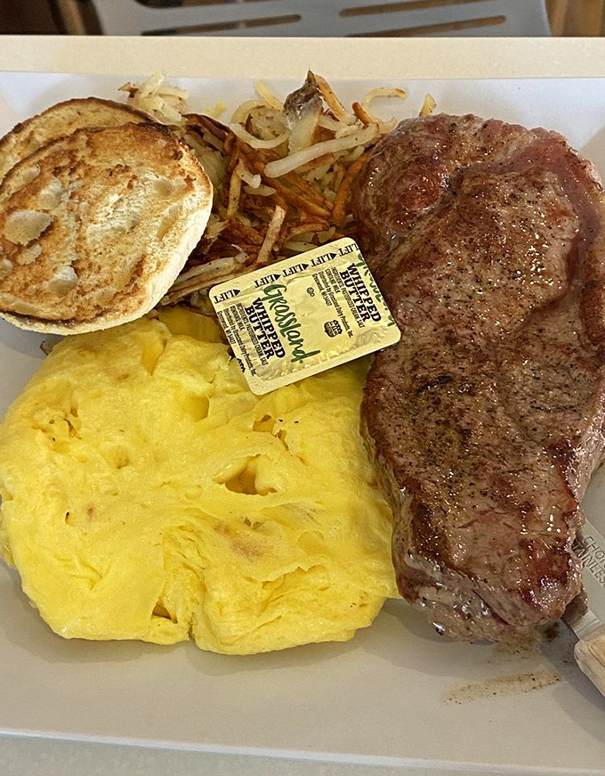 A steak and eggs combo that proves some combinations are simply meant to be, like retirement and Tuesday morning breakfast.