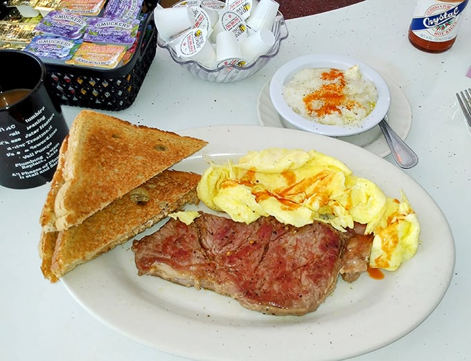 The steak and eggs plate &ndash; where breakfast meets dinner in a delicious time-bending feast that makes you question why we have meal categories at all.