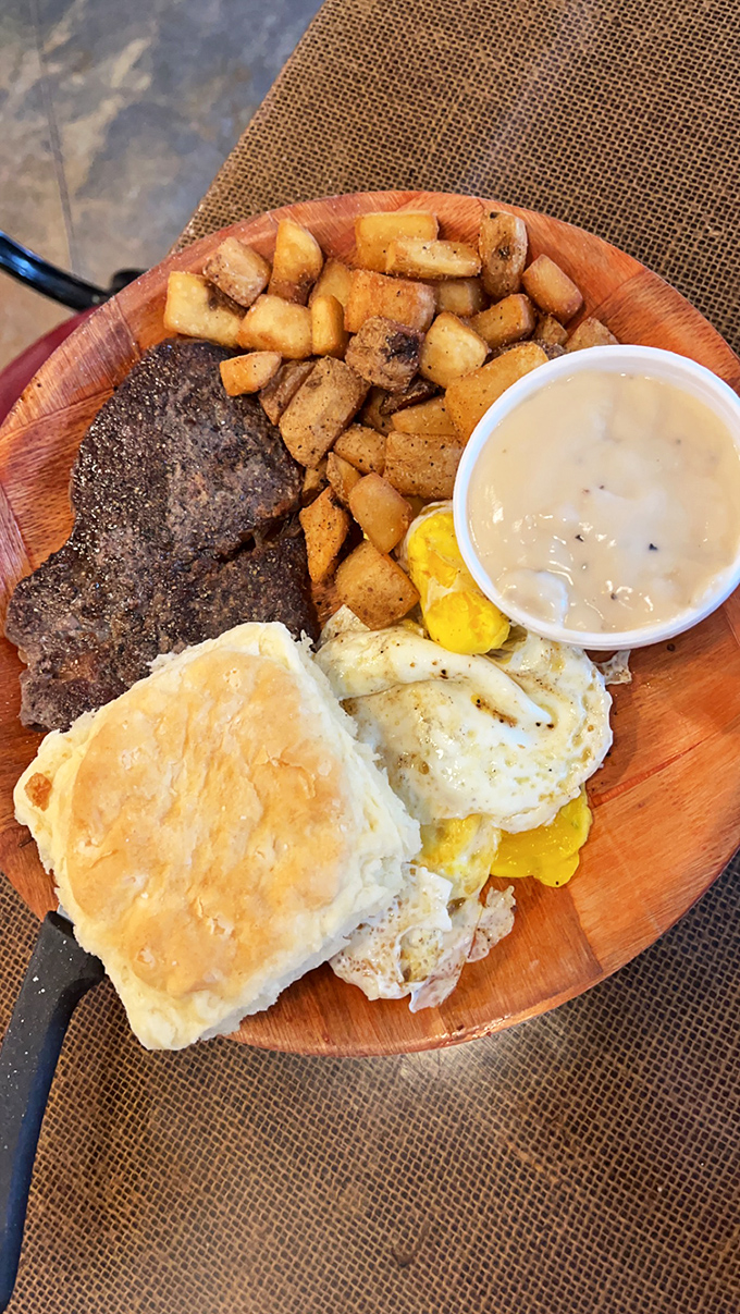 This country steak with eggs and potatoes isn't just breakfast&mdash;it's fuel for champions and comfort for souls. Gravy included, no extra charge.