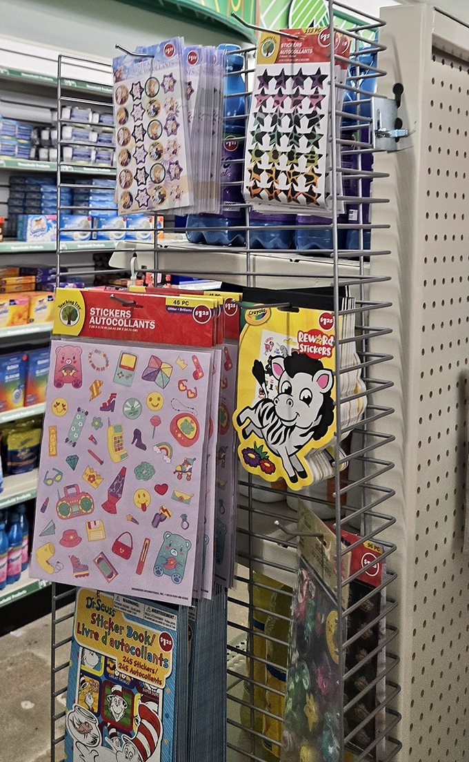Sticker heaven for kids and scrapbookers alike. That little zebra seems as excited about these deals as every teacher who walks through these doors.