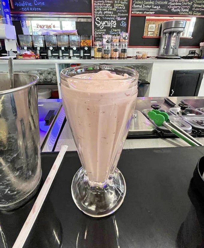 Not just a milkshake, but a time machine in a glass. This strawberry creation demands both a straw and spoon, as all proper milkshakes should.