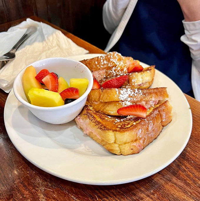 French toast that crossed the line from breakfast to dessert and never looked back. The fruit makes it healthy, or so we tell ourselves.