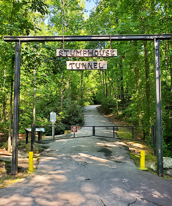 The entrance to Stumphouse Tunnel Park welcomes visitors to explore a fascinating historical relic that keeps its cool year-round.
