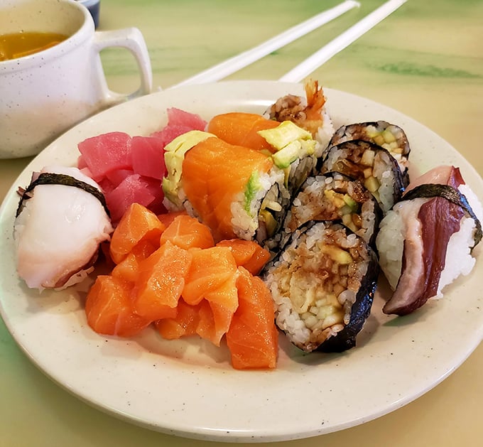 Sushi that's as colorful as a painter's palette. From vibrant salmon to ruby tuna, this plate is proof that sometimes the best art belongs on your fork.