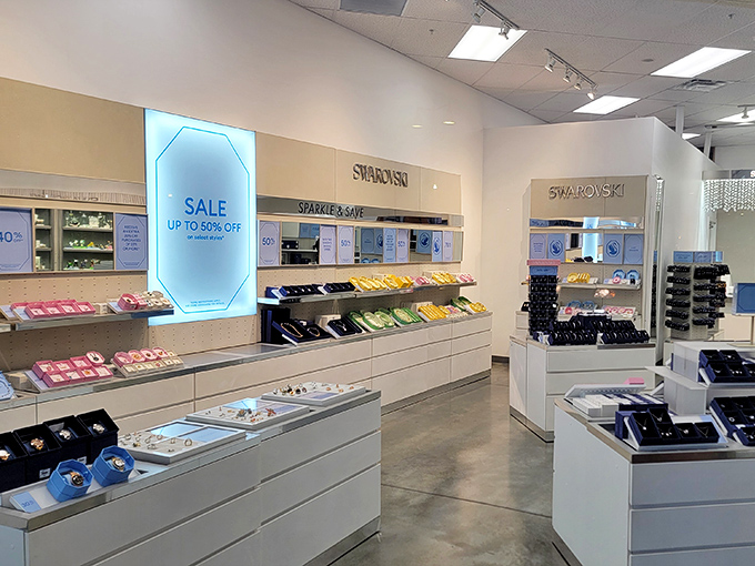 Swarovski's gleaming display cases offer sparkle at outlet prices&mdash;because everyone deserves a little bling without the full-price sting.