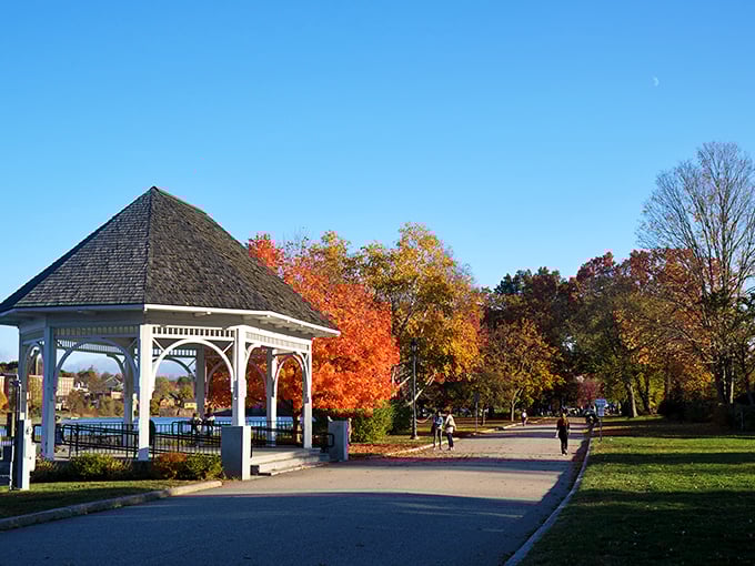 The gazebo at Swasey Parkway stands like a Victorian gentleman tipping his hat to fall foliage that would make Vermont jealous.