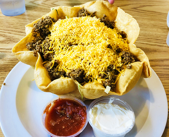 The taco salad bowl: where structural engineering meets Tex-Mex in a crispy, edible vessel that makes salad feel like an indulgence.