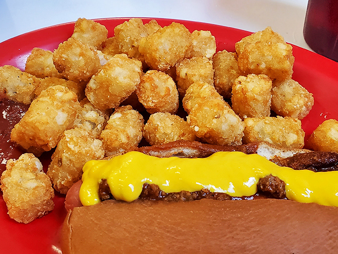 Golden tater tots that crunch like childhood memories, nestled beside a sandwich wearing yellow mustard like a proud fashion statement.