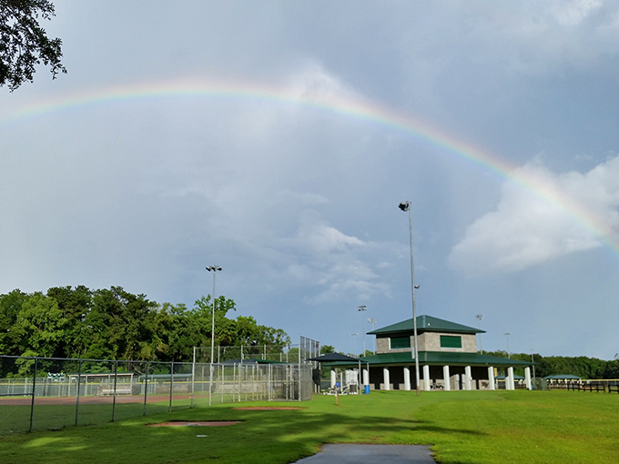 Under a perfect rainbow, the Taylor County Sports Complex offers recreation without requiring a second mortgage for admission fees.