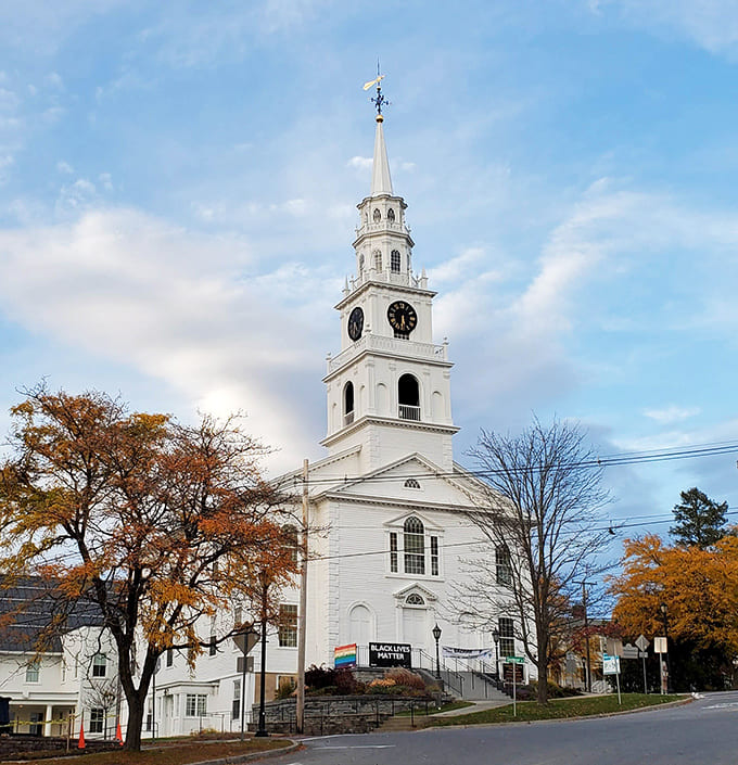The Congregational Church stands tall in autumn splendor, its white steeple a beacon that's guided Vermonters home since Thomas Jefferson was president.