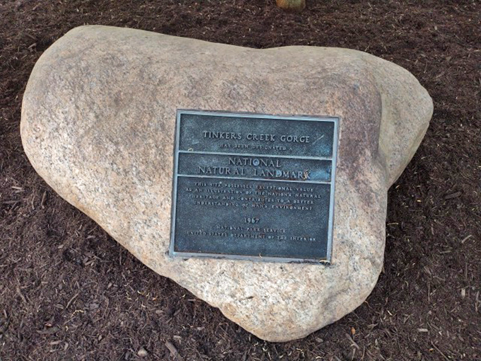 History set in stone: This plaque reminds us Tinker's Creek Gorge earned its National Natural Landmark status the old-fashioned way—by being spectacular.