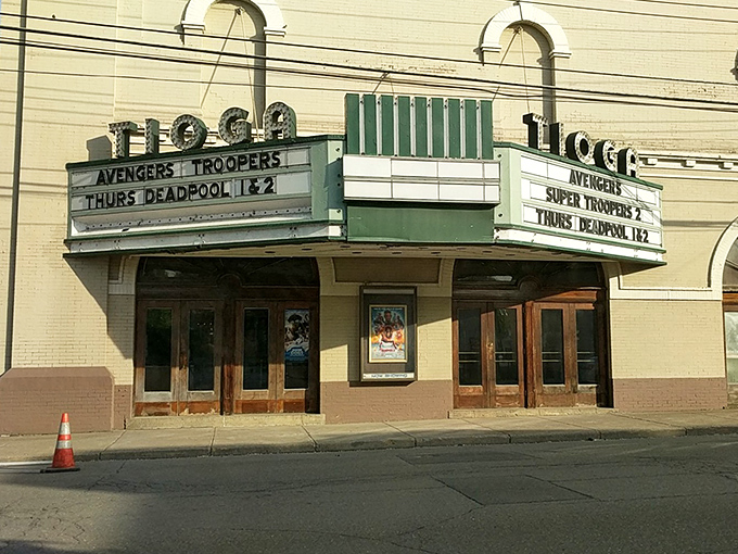 The Tioga Theater marquee promises entertainment the old-fashioned way&mdash;no streaming required, just community and classic movie magic.