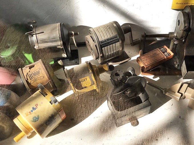 These vintage mechanical sharpeners represent the industrial age of pencil pointing—when sharpening was serious business requiring serious machinery.