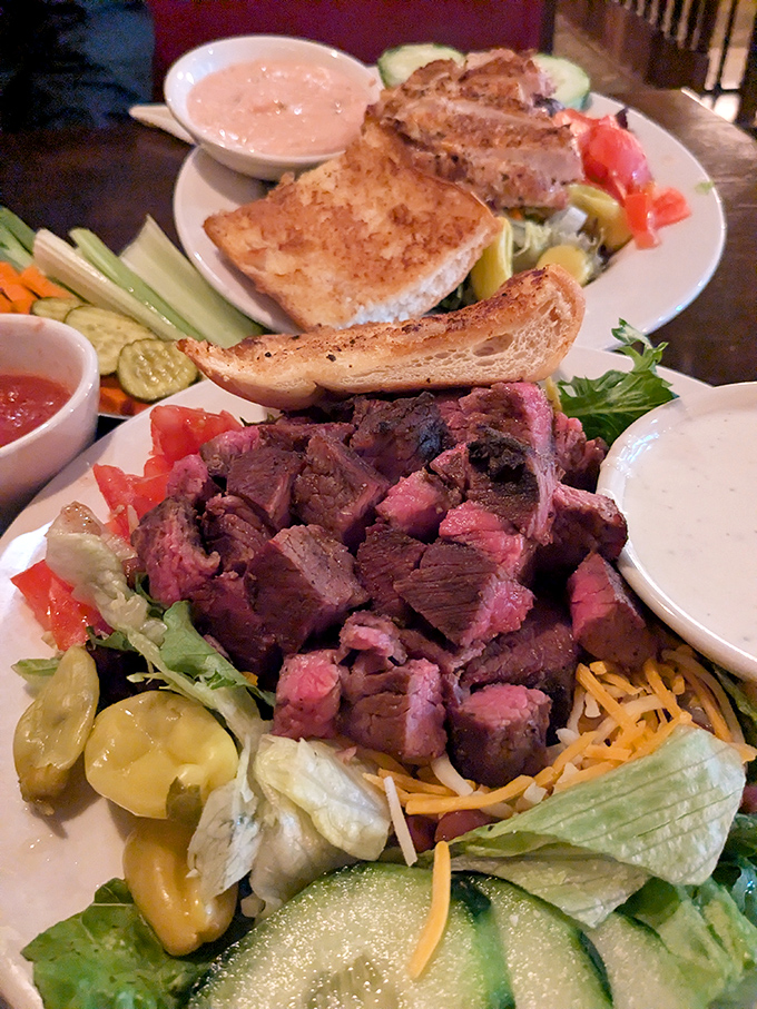 Tri-tip steak salad that proves California knows its beef. Those perfectly pink cubes are the jewels in this edible crown.