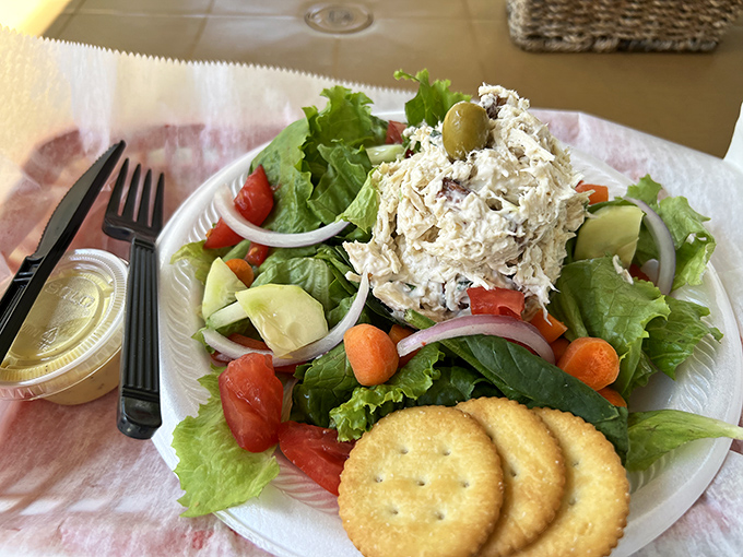 Garden-fresh veggies cradle a generous scoop of tuna salad like it's precious cargo, proving that sometimes the simplest lunch can be the most satisfying escape from reality.
