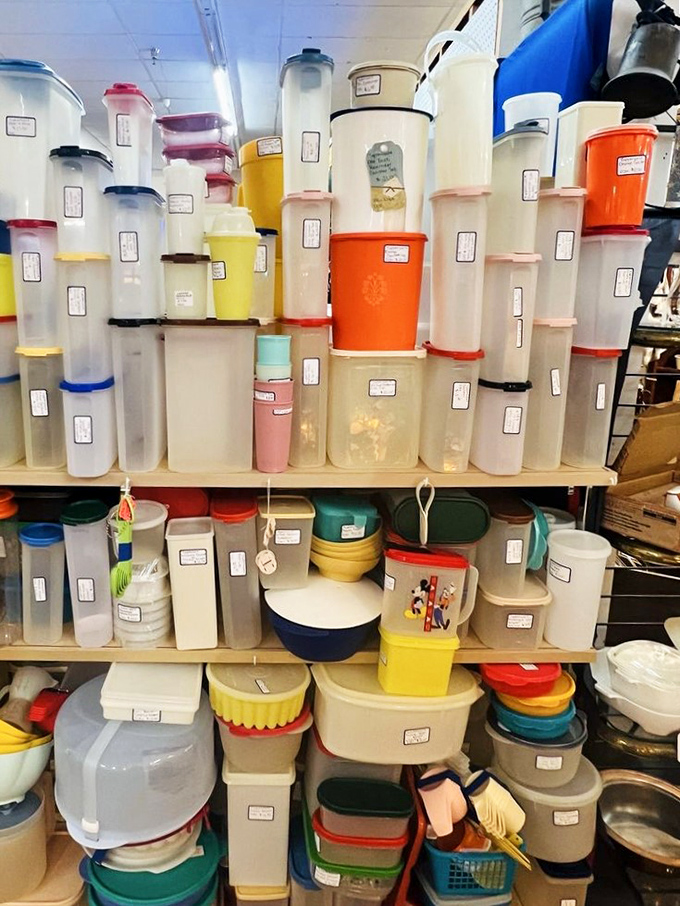 Tupperware heaven! The plastic rainbow of storage solutions that survived every potluck since the Kennedy administration. Still burping after all these years.
