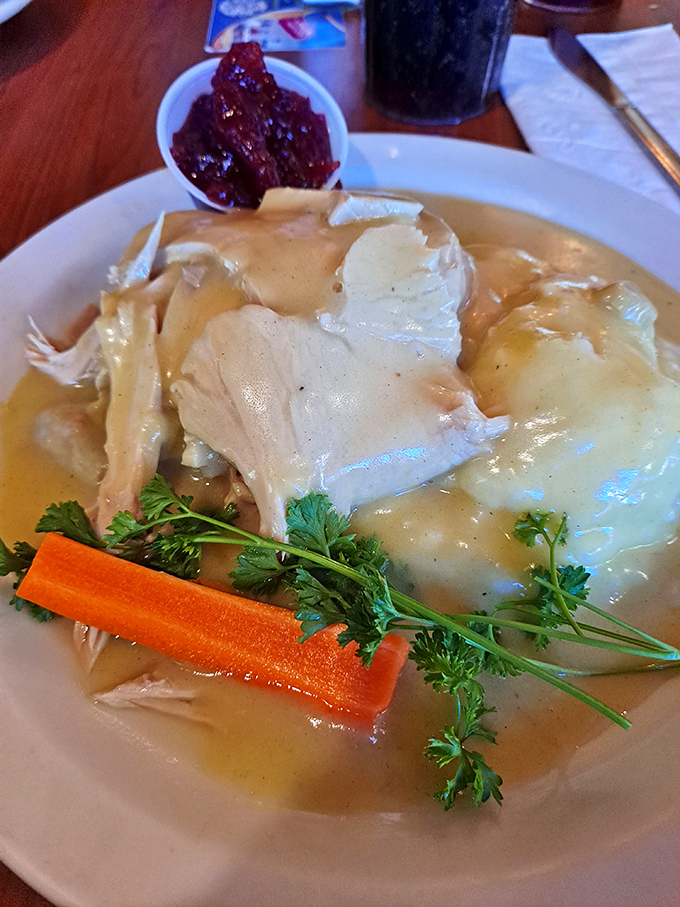 Behold the star attraction: turkey dinner with all the trimmings, arranged with the kind of care usually reserved for Renaissance paintings of royal feasts.