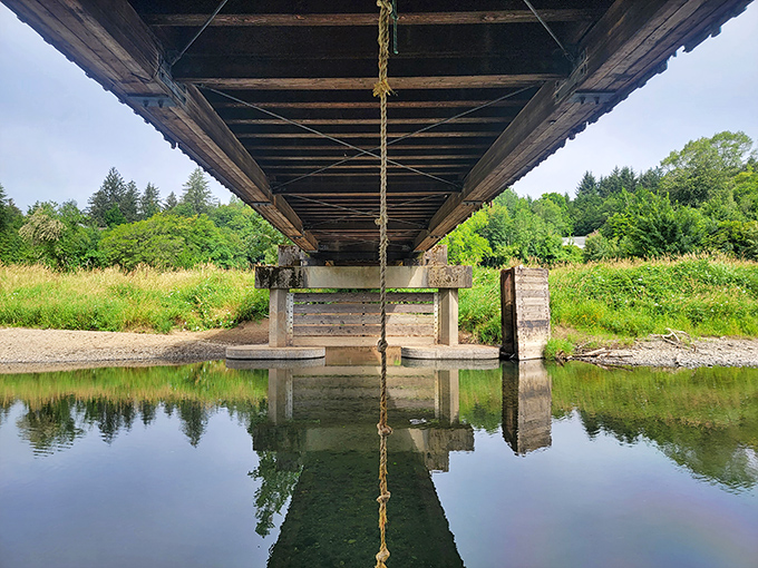 From below, the bridge reveals its engineering secrets. Those sturdy supports have held steady through countless seasons of rushing water.