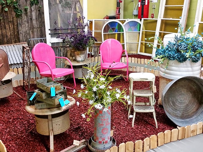 Pink metal chairs and garden treasures prove one person's yard sale is another's design inspiration.