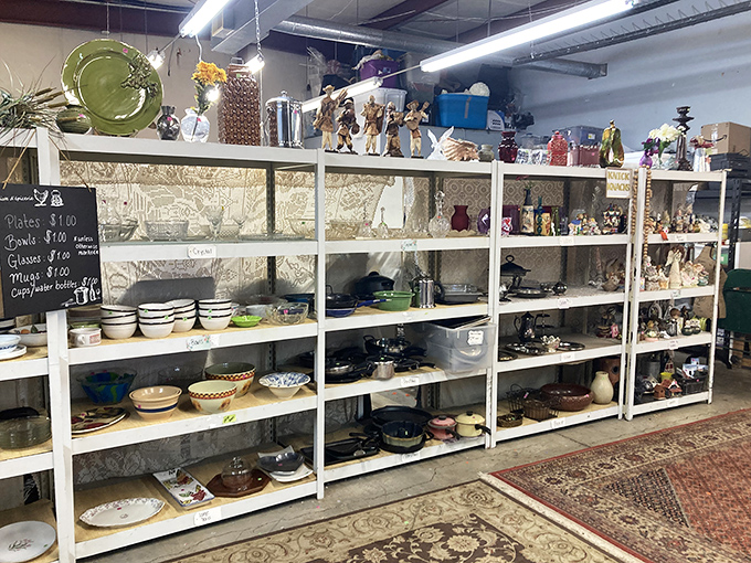 Kitchen treasures organized with military precision. Those bowls have probably served more family recipes than a church cookbook collection.
