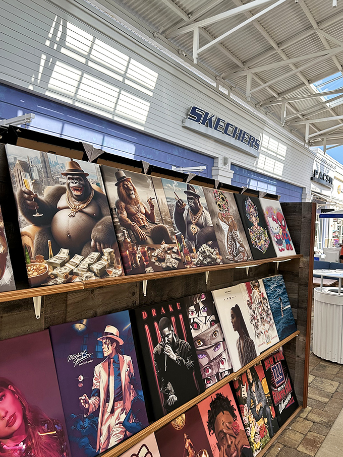 Pop culture meets wall art in this eclectic display where Michael Jackson shares space with gorillas drinking champagne.