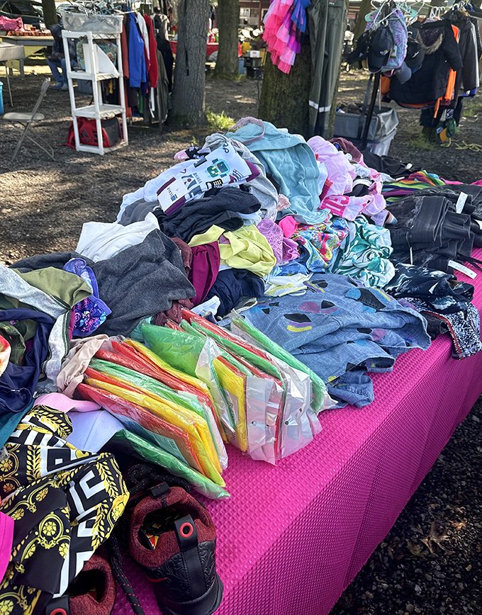 The clothing avalanche that proves fashion never dies, it just waits for its next adventure. Rainbow chaos at its finest!