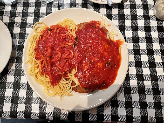 Half plate of pasta, half plate of veal parmigiana, all plate of "where have you been all my life?" Italian-American perfection.