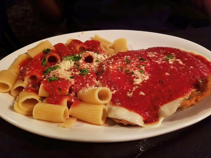 Veal parmigiana swimming in that signature red sauce&mdash;proof that sometimes the classics become classics for very good reasons.