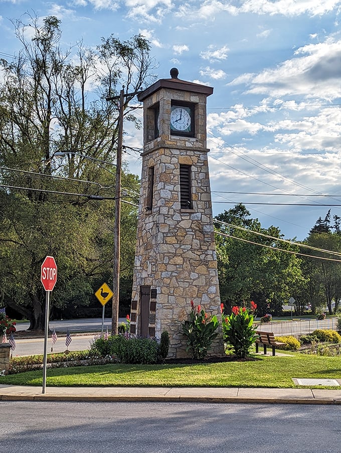 The town's clock tower stands like a limestone sentinel, reminding everyone it's always time for charm in Boiling Springs.
