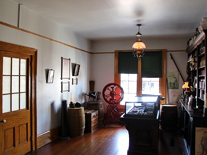 Shelves stocked with period medicines and supplies that remind you modern pharmacy isn't so bad after all.