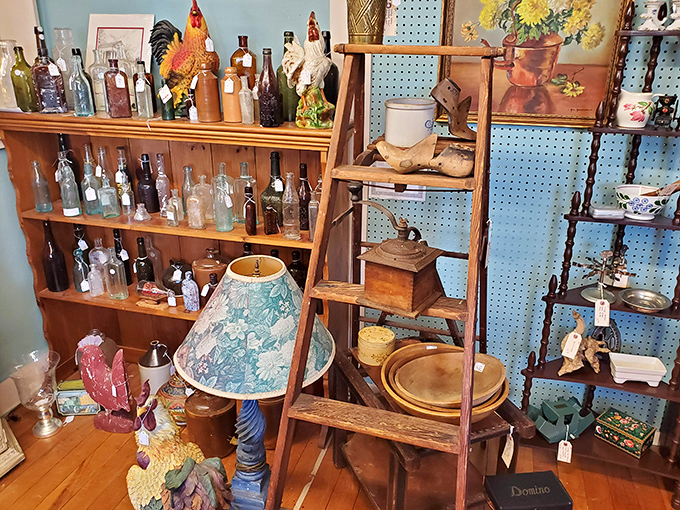 A collector's paradise of vintage bottles and farmhouse finds&mdash;that wooden ladder is just begging to display blankets in someone's Pinterest-worthy living room. 