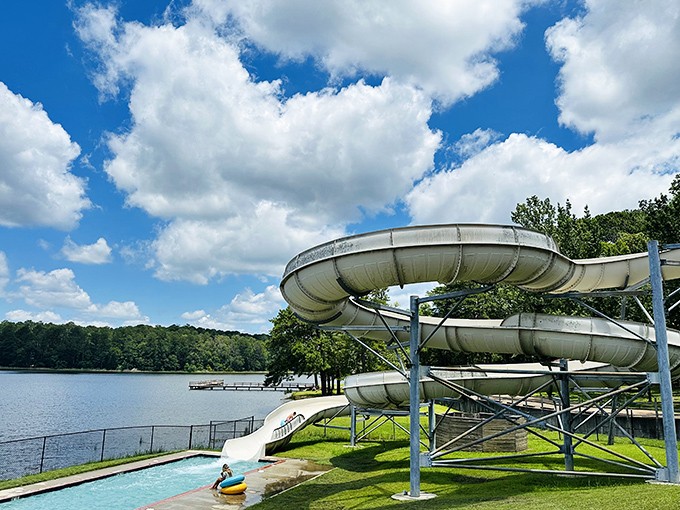 That waterslide spirals down like a giant's crazy straw into refreshing Shadow Lake below.