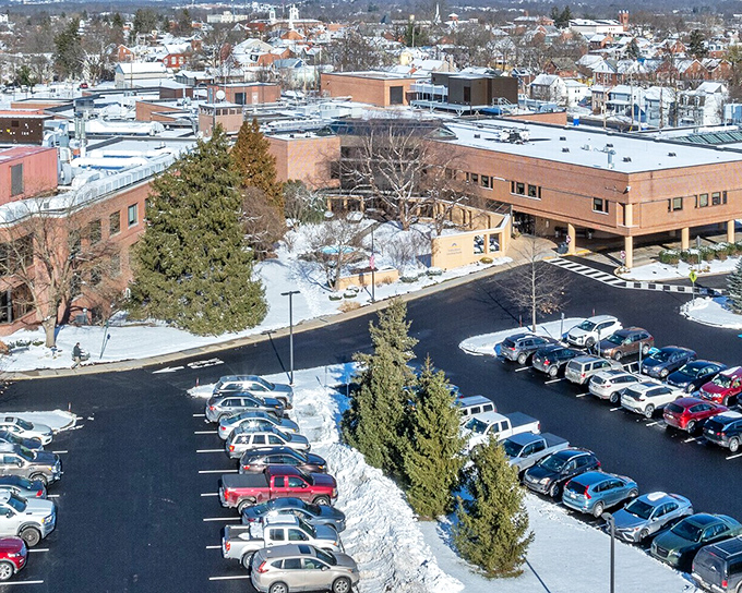 Modern meets historic in this aerial view of downtown Gettysburg, where convenient parking makes exploring this walkable treasure trove of history a breeze.