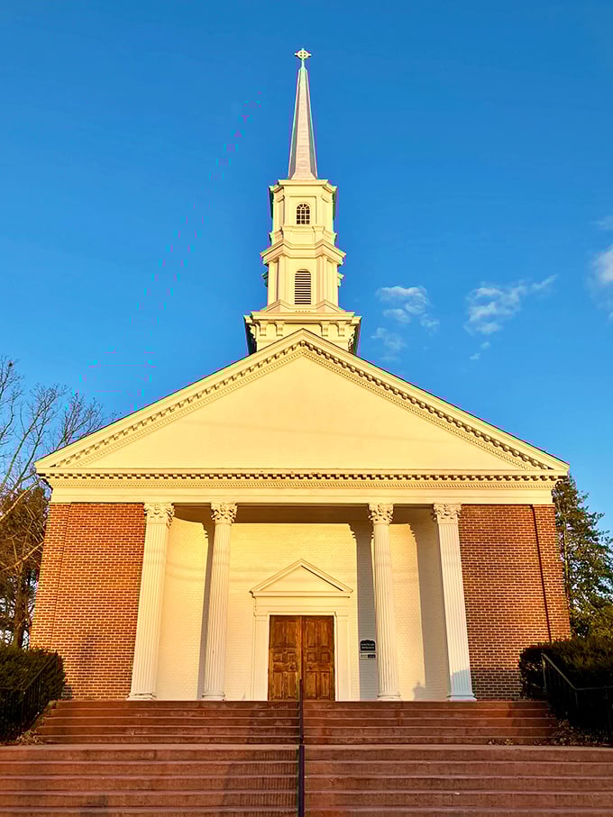 This elegant church catches the golden hour light perfectly, its classic columns and soaring steeple standing as architectural anchors in Waynesboro's spiritual landscape.