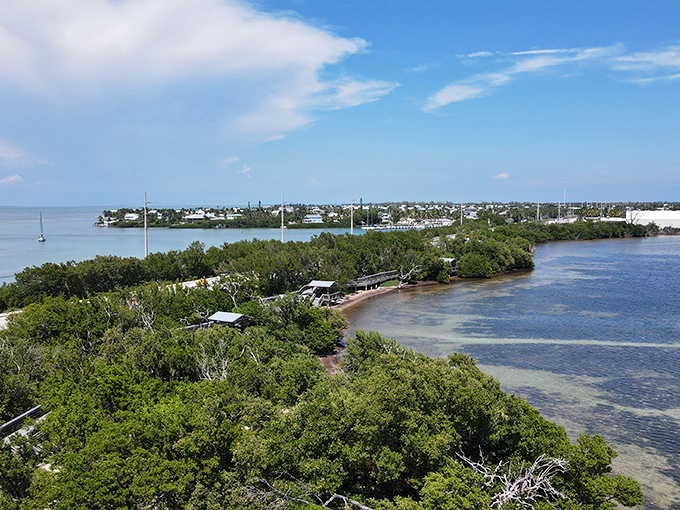 The view from above reveals Anne's Beach's true character&mdash;a green oasis embraced by waters that can't decide between blue and turquoise.