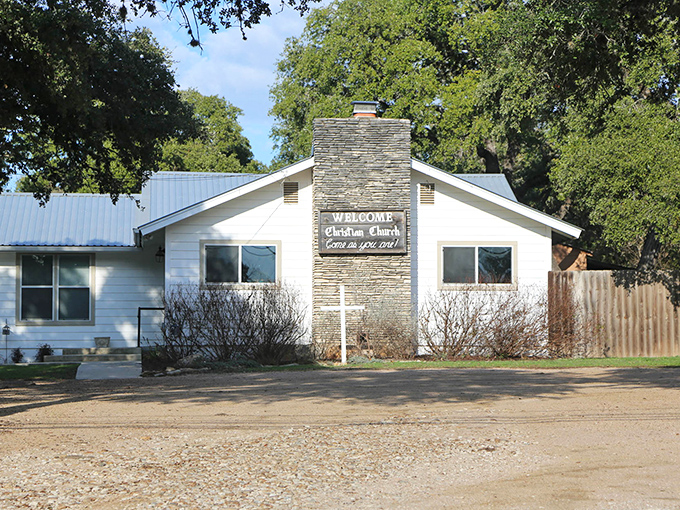Small-town Texas faith meets Hill Country charm in white clapboard that glows under those endless blue skies.