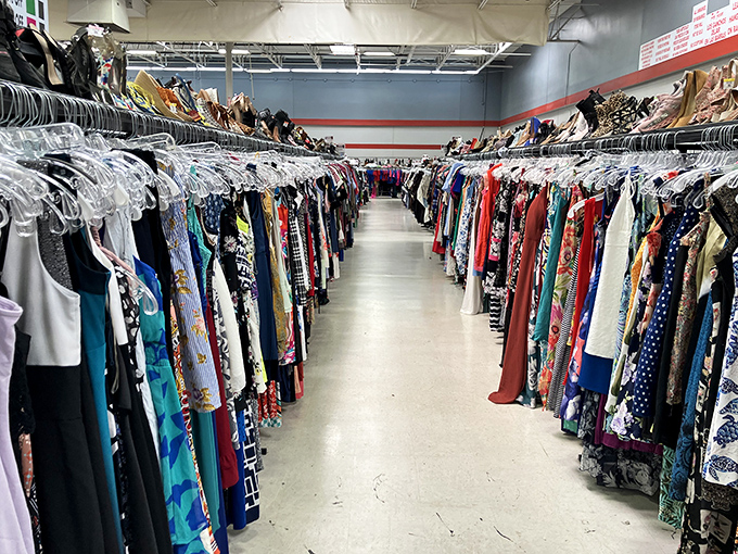 The women's clothing section stretches into infinity. Like an archaeological dig through fashion history, each rack reveals another layer of sartorial evolution.