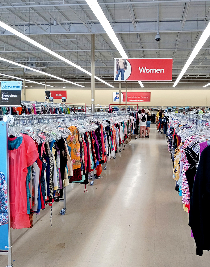 The women's clothing section: a rainbow of possibilities where designer labels mingle with vintage finds. Fashion democracy at its finest.