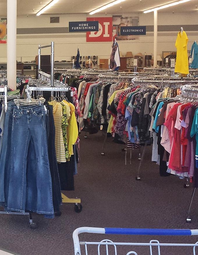 The "DI" sign proudly announces this thrifter's paradise. Even from the checkout line, you can spot your next great find.