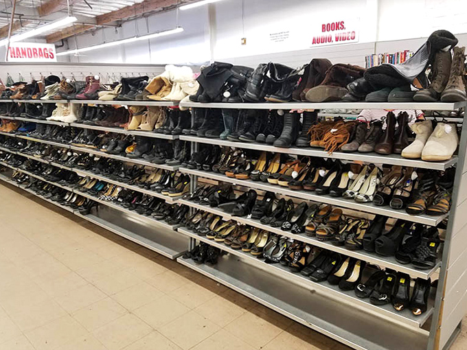 Shoe heaven or footwear museum? Either way, these shelves hold more potential second chances than a Hollywood rom-com.