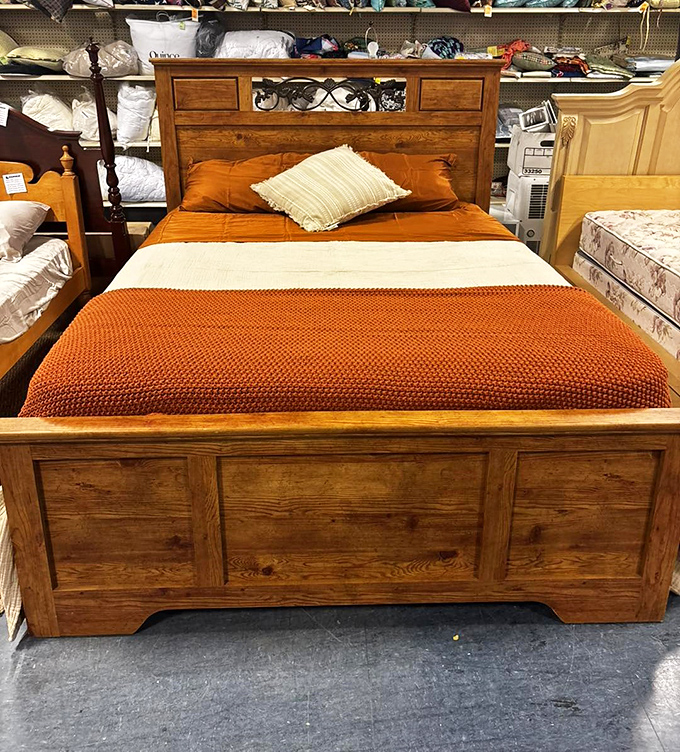 Bedroom royalty awaits! This solid wood bed frame has probably witnessed fewer arguments than most new ones and comes with free character built right in.