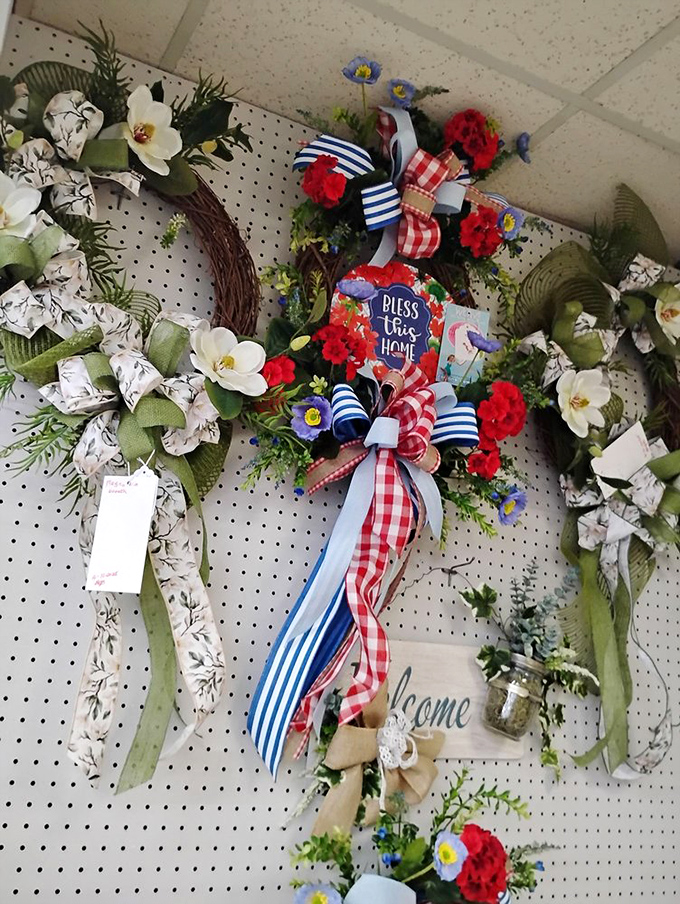 "Bless This Home" wreaths bring Southern charm to any front door, with patriotic ribbons that flutter like a welcome committee.