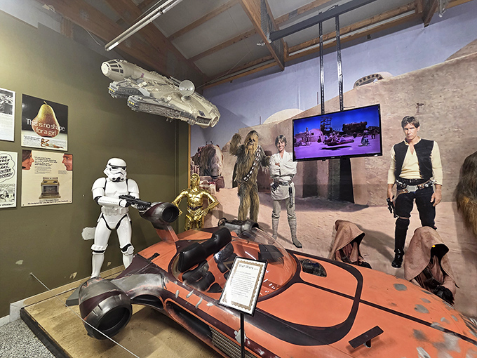 Star Wars fans, rejoice! Luke Skywalker's X-34 Landspeeder looks ready to hover across Tatooine. The Force is strong with this display.