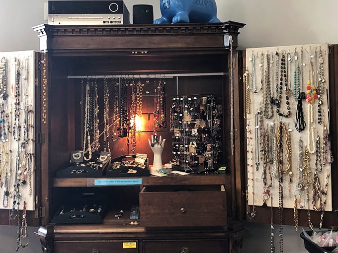 This repurposed armoire showcases jewelry with the reverence of Tiffany's but at prices that won't require a second mortgage.