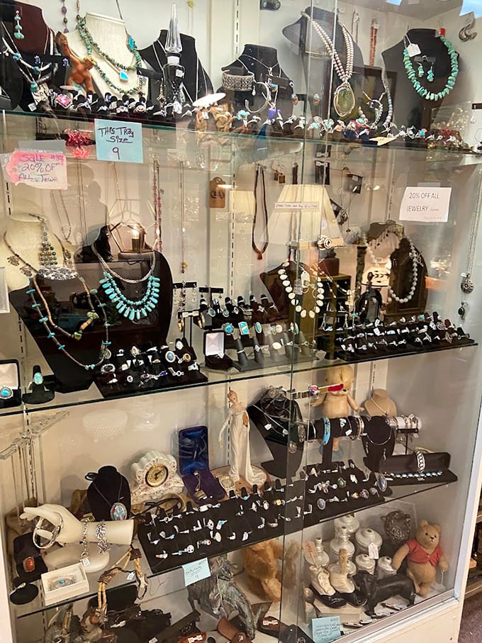Turquoise jewelry gleams alongside vintage teddy bears&mdash;proof that accessorizing has always been an art form. That necklace? Pure Southwestern swagger.