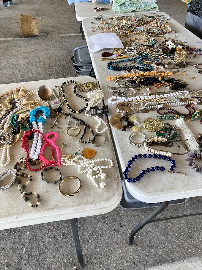 Jewelry tables glitter with possibility, where yesterday's accessories await rediscovery by today's treasure hunters with an eye for vintage sparkle.