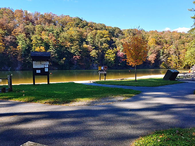 Autumn's reflection party at the lake. The still water mirrors fall's spectacular color show, doubling nature's impact in this serene corner of Pennsylvania.