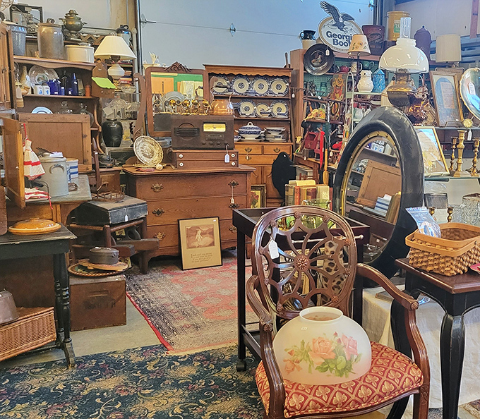 Furniture arranged like a time-traveling living room. That curved-back chair has probably heard more family stories than a holiday dinner table.