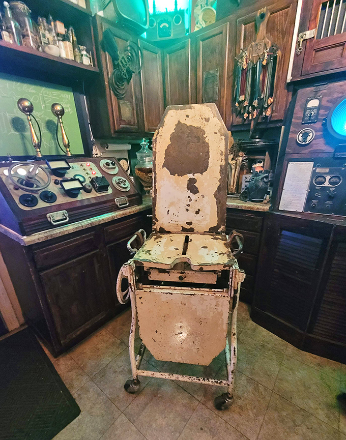 This isn't your dentist's chair - the rusted, weathered medical throne looks like it has stories that would make even Stephen King shudder.